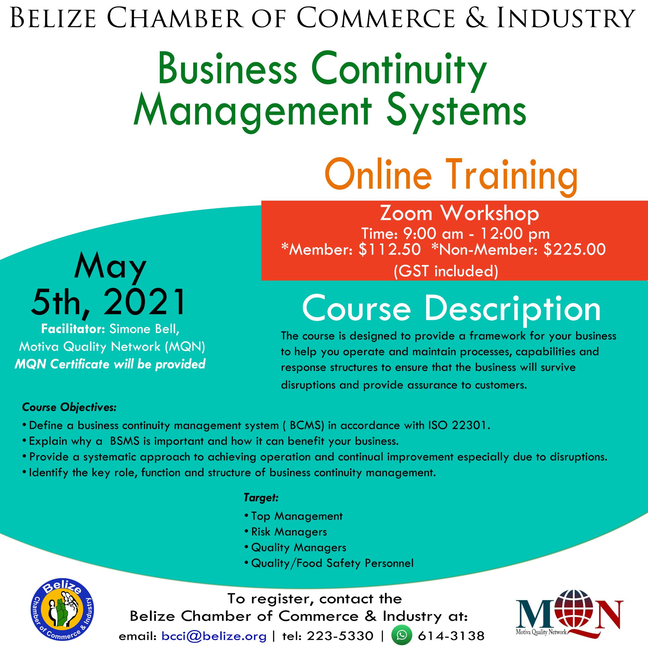 Business Continuity Management Systems Training - Belize Chamber of ...