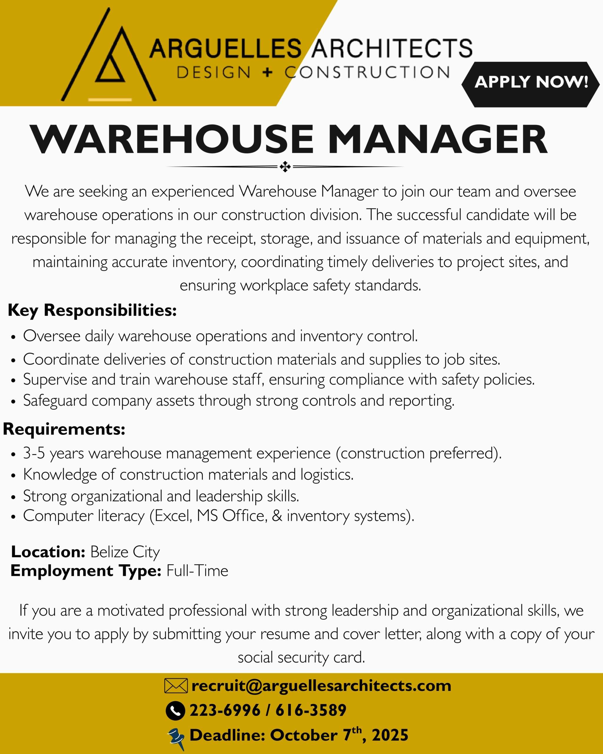 Arguelles Architects Limited Job Vacancy - Warehouse Manager - Belize ...