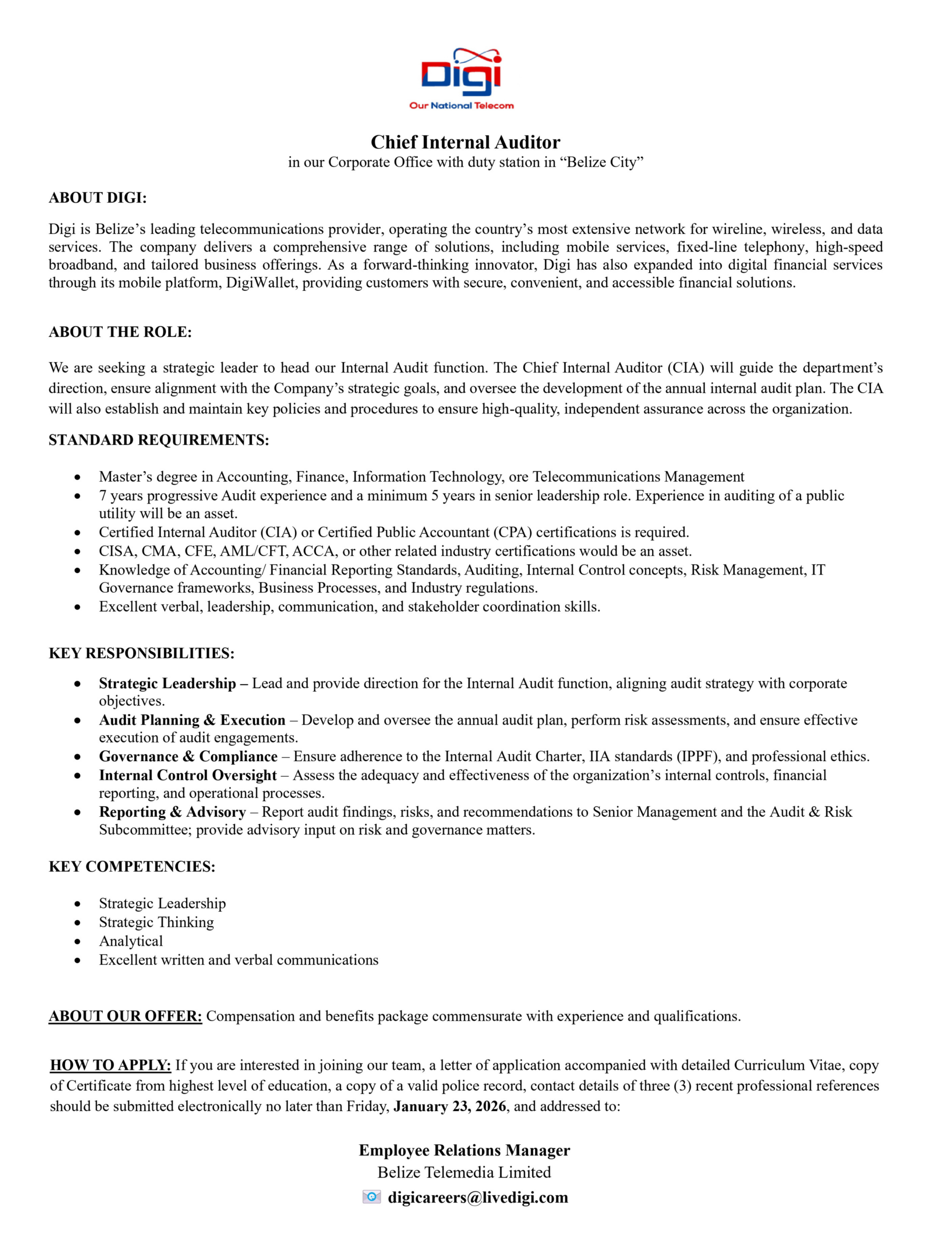 Digi Job Vacancy - Chief Internal Auditor - Belize Chamber of Commerce ...